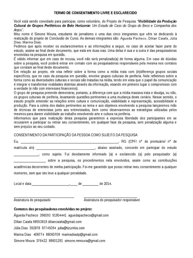 Termo de Consentimento Livre e Esclarecido | Comunicação | Psicologia e ...