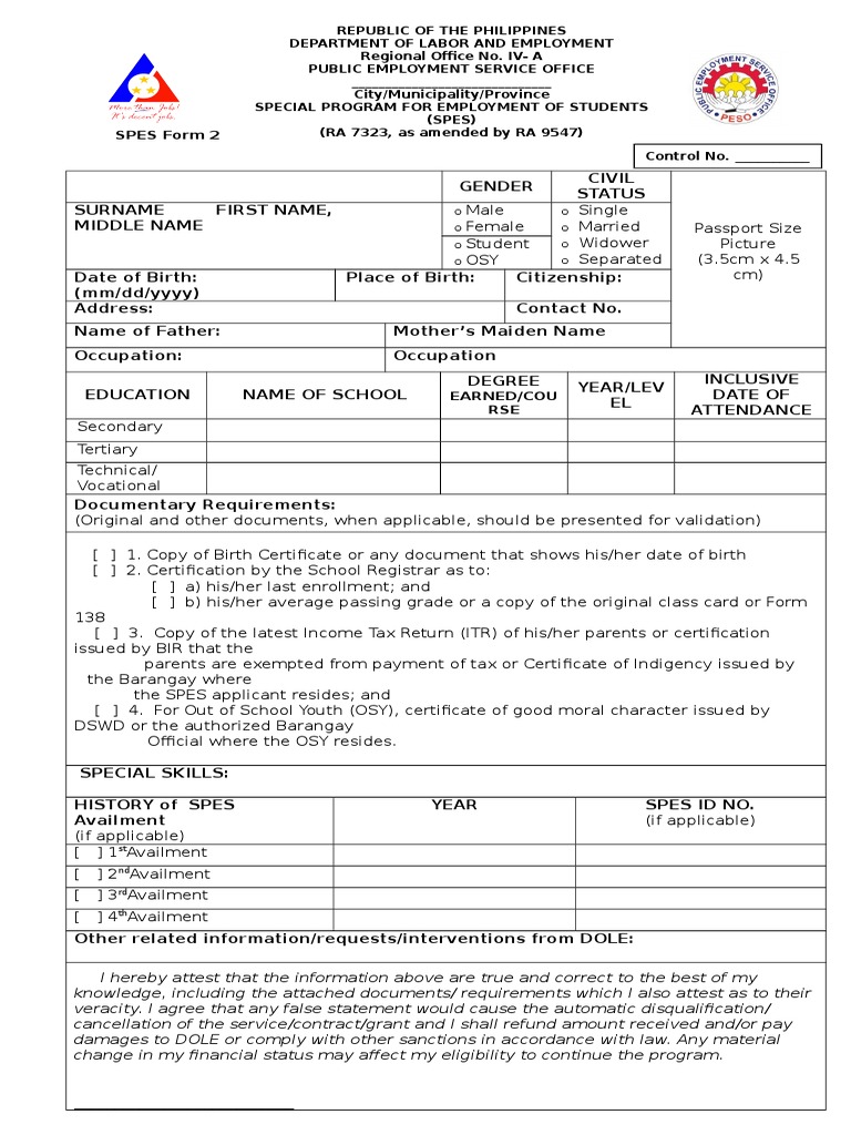 Spes Form 2 Application Form Nov | Unemployment Benefits | Birth ...