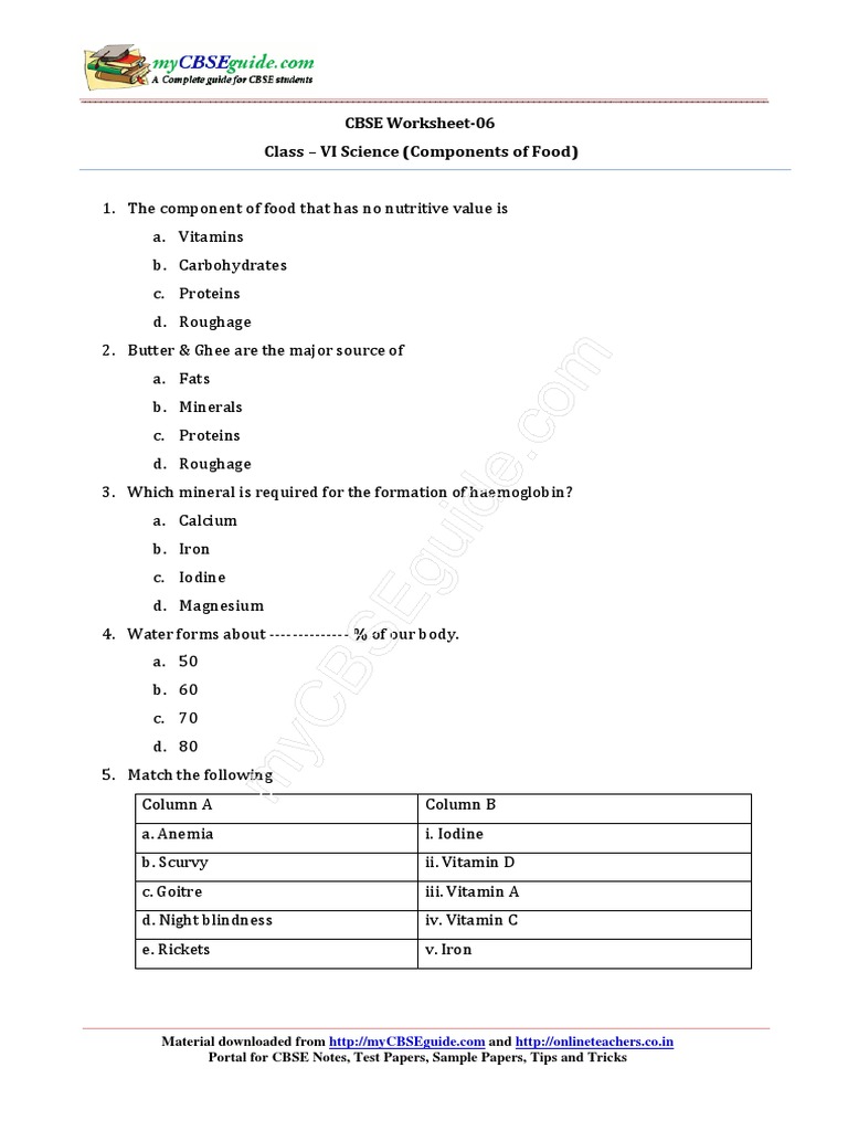 CBSE Worksheet-06 Class - VI Science (Components of Food) | PDF
