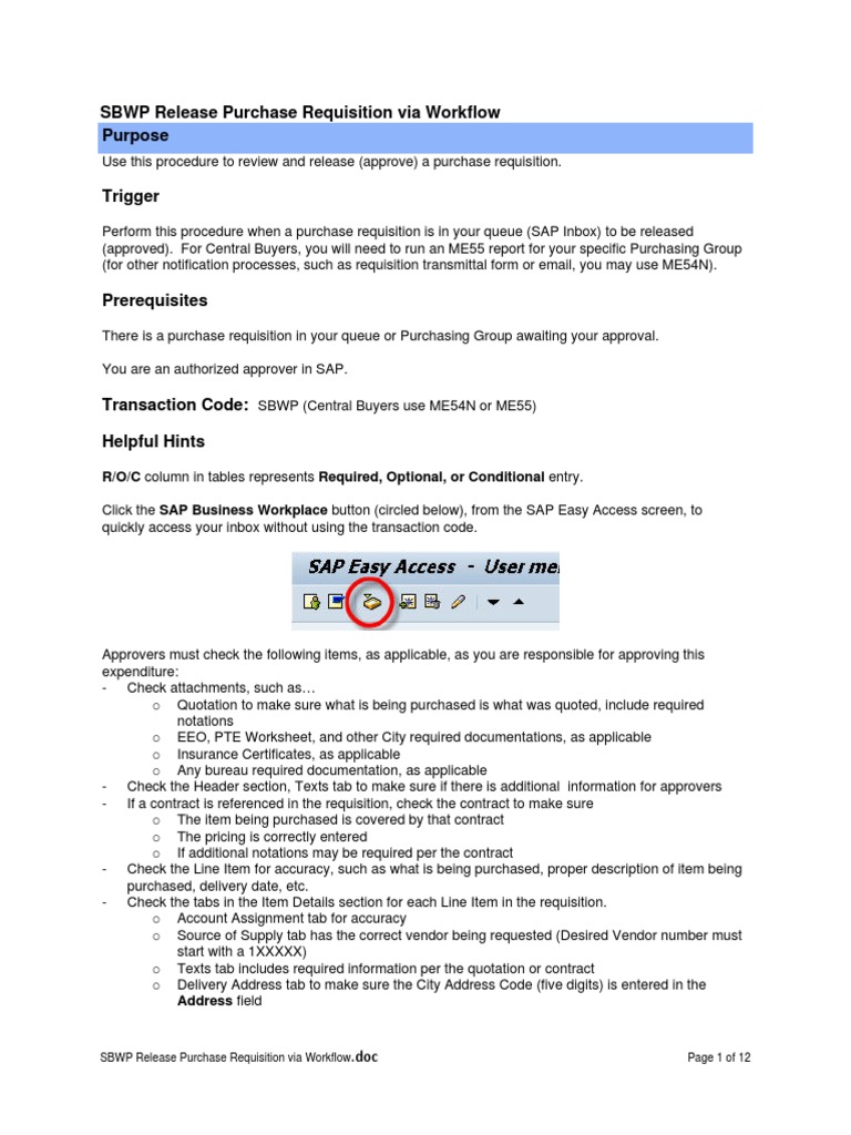 SBWP Release Purchase Requisition Via Workflow PDF | PDF