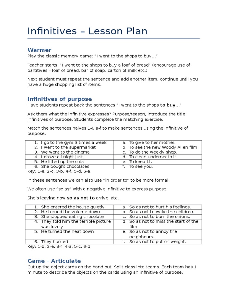 Infinitives - Lesson Plan: Warmer | PDF | Language Arts & Discipline