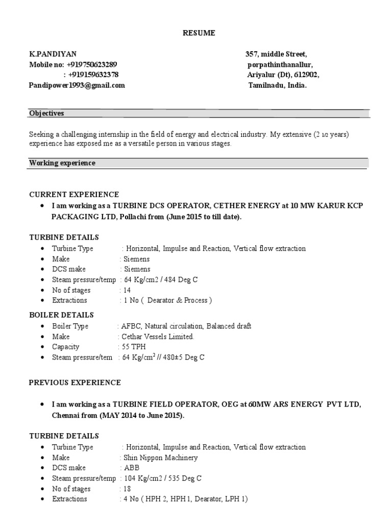 Resume For Turbine DCS Operator | PDF | Turbine | Steam
