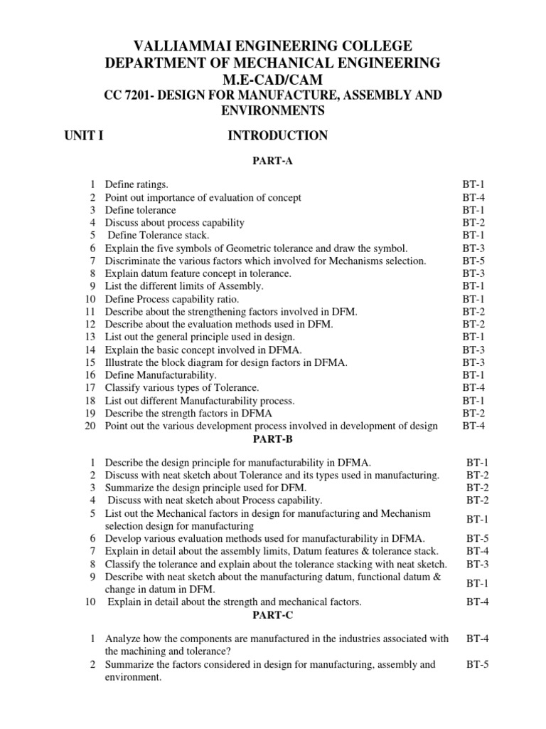 CC7201-Design For Manufacture, Assembly and Environments | PDF ...