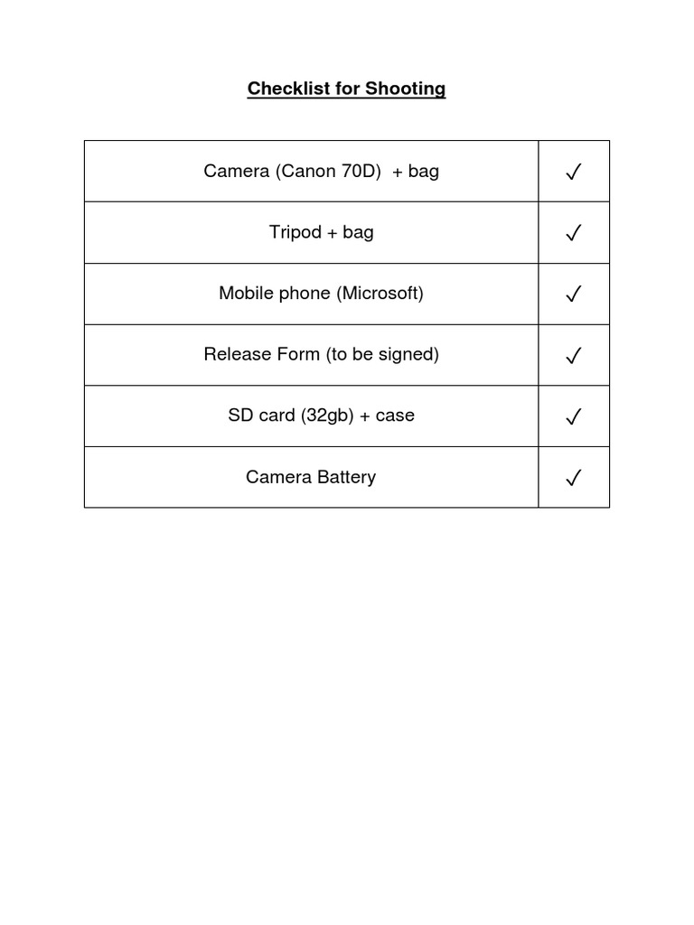 Camera (Canon 70D) + Bag: Checklist For Shooting | PDF