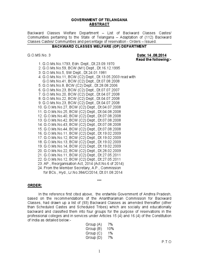 BC Welfare Dept. GO Ms No.3 | PDF | Government Of India | Social Inequality