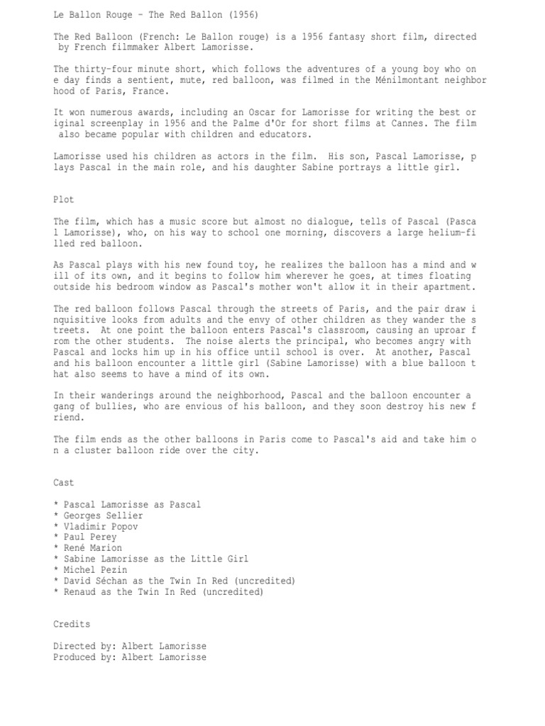Le Ballon Rouge - The Red Balloon (Info) | PDF