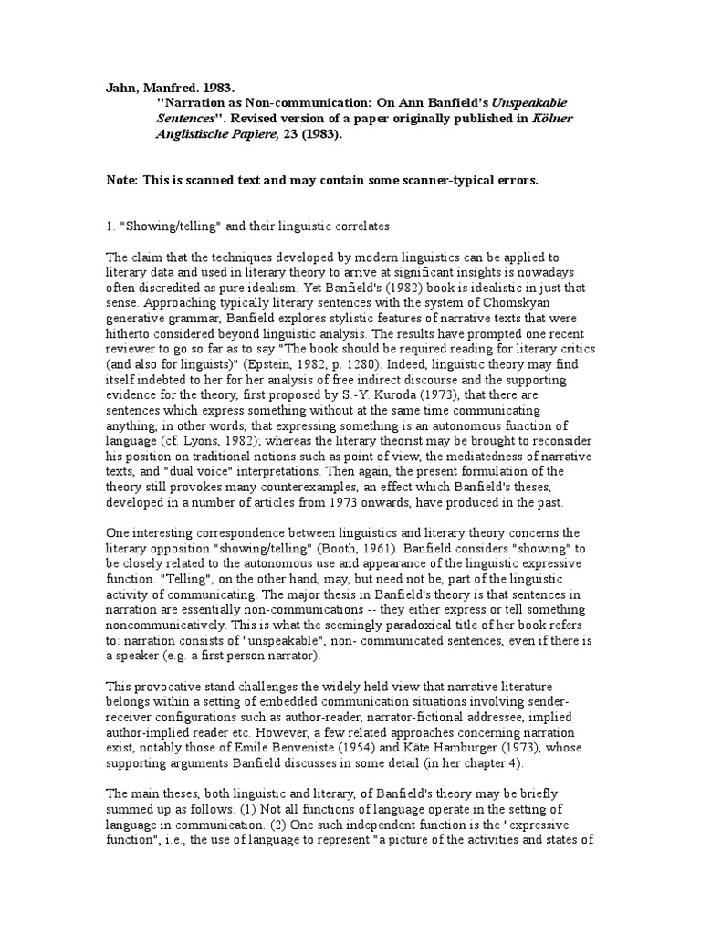 (1983) Narration As Non-Communication. On Ann Banfield's ''Unspeakable ...