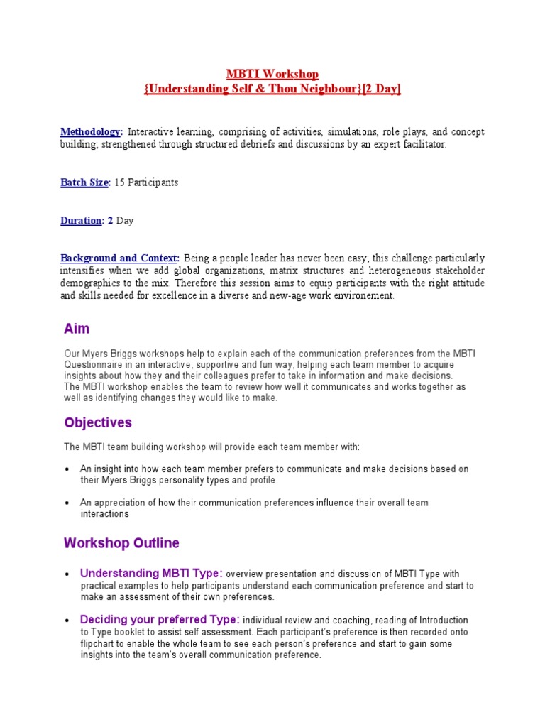 Mbti Workshop - 2 Day | PDF | Communication | Learning