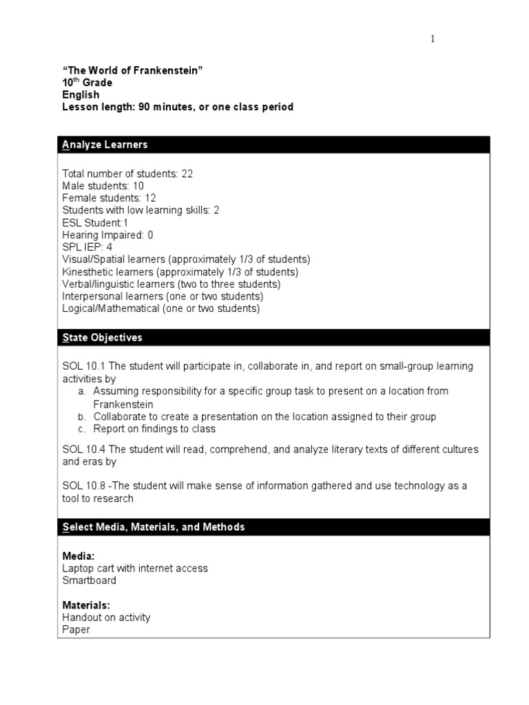 Frankenstein Lesson Plan Sarah Oconnor | PDF | Frankenstein | Lesson Plan