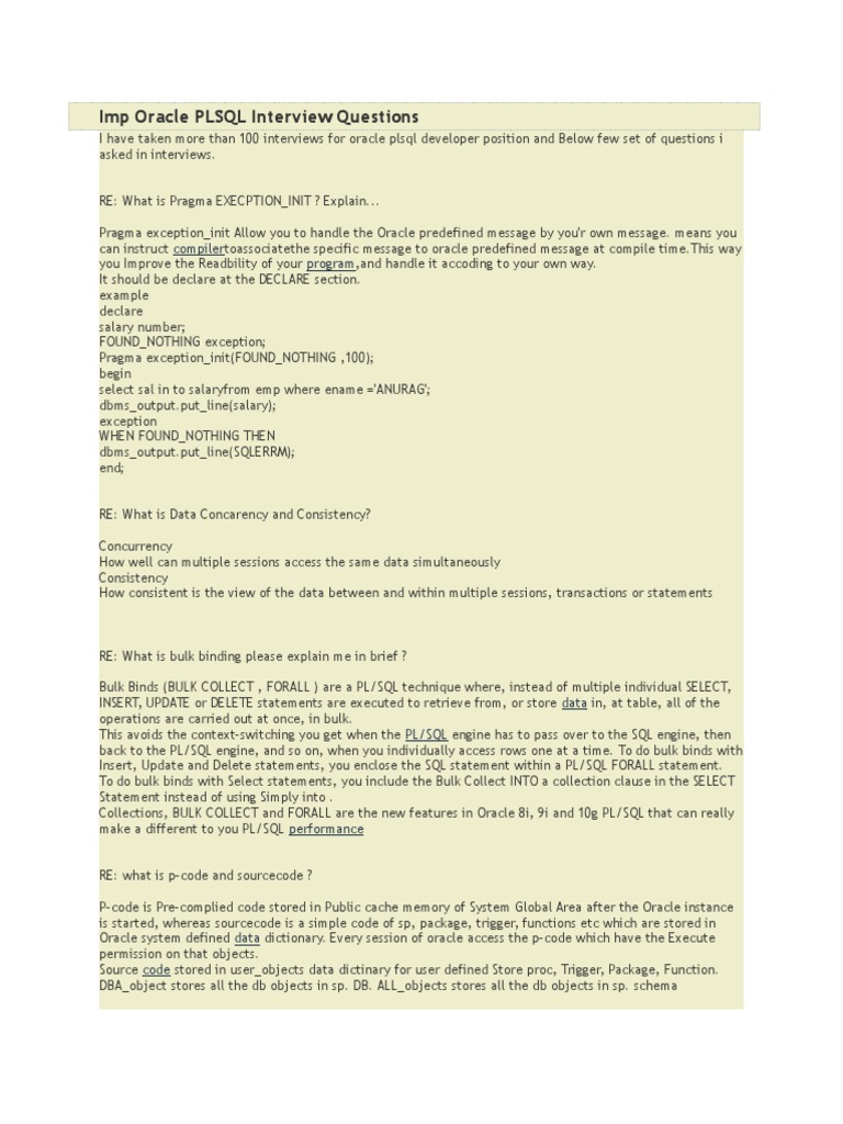 Imp Oracle PLSQL Interview Questions | PDF | Pl/Sql | Subroutine Imp Oracle PLSQL Interview Questions | PDF | Pl/Sql | Subroutine
