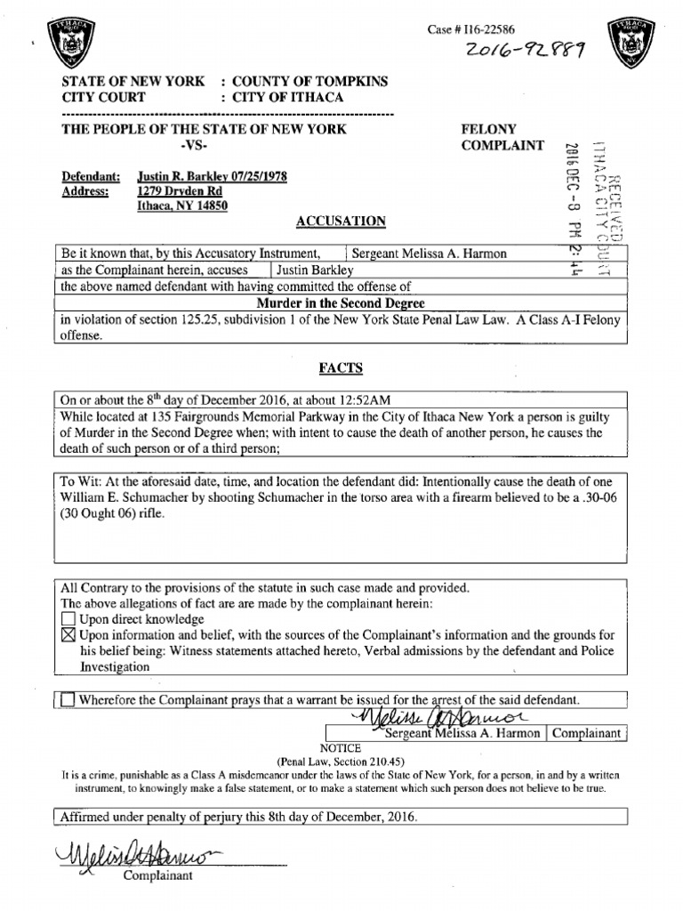 Justin Barkley Felony Complaint | PDF
