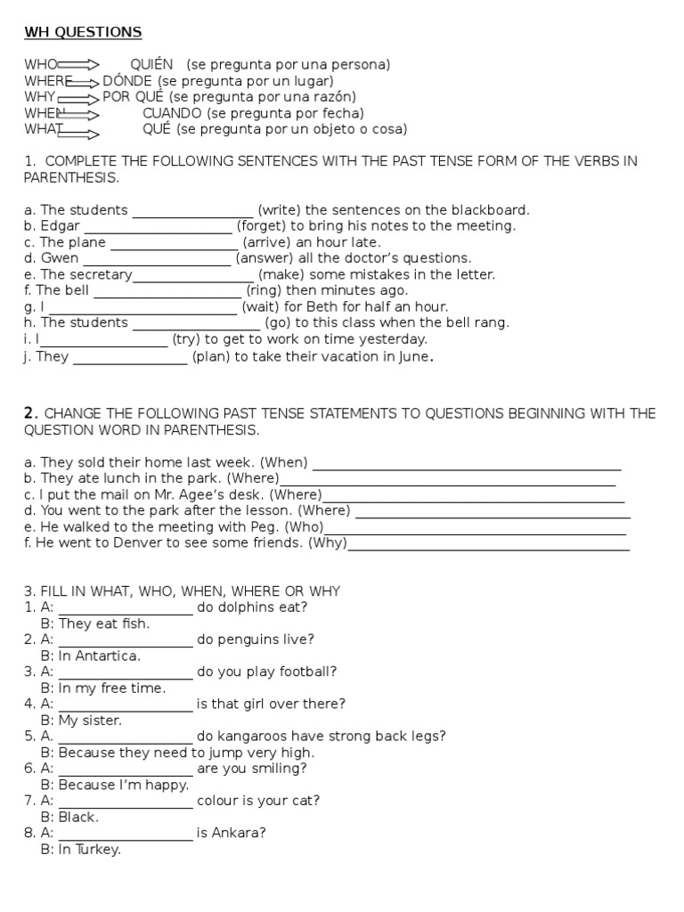 English Worksheet Past Simple WH Questions 1 | PDF