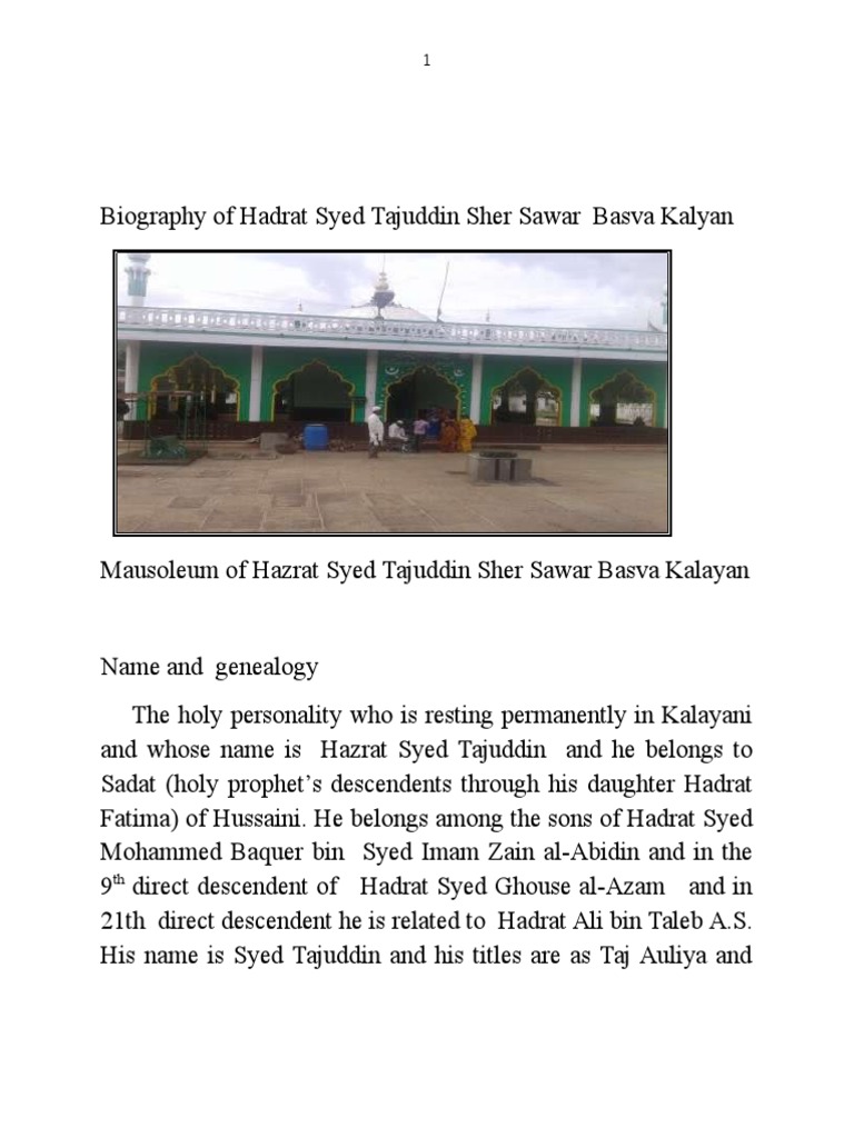 Biography of Hadrat Syed Tajuddin Sher Sawar Basva Kalyan | PDF ...