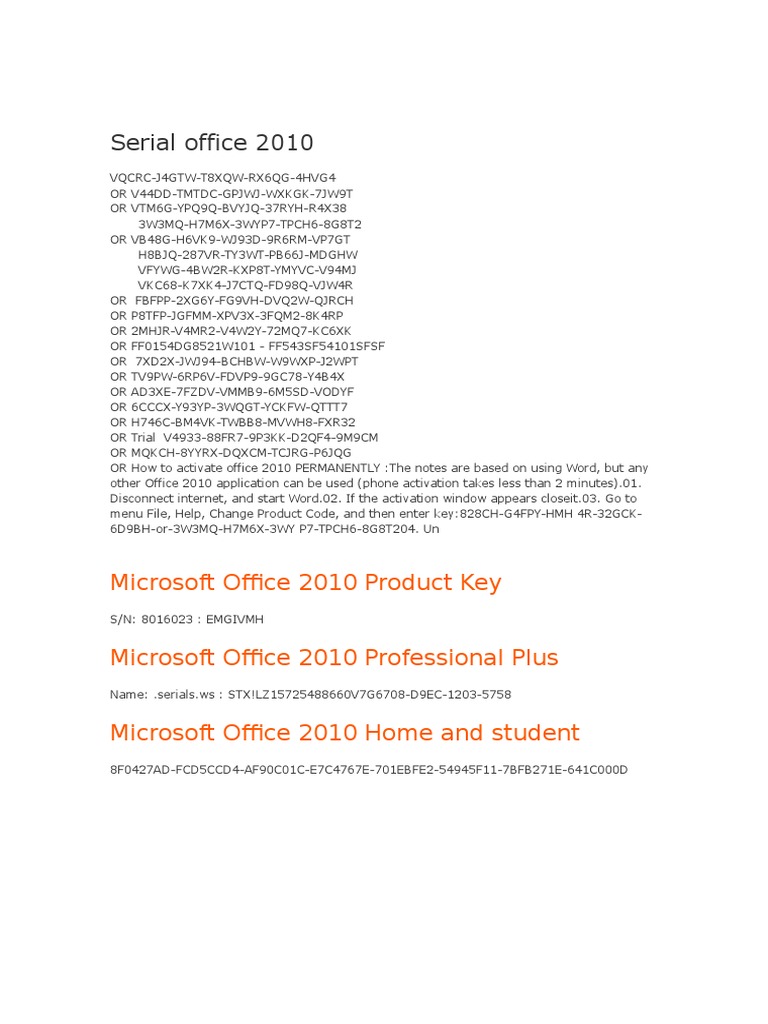 Serial Office 2010: Microsoft Office 2010 Product Key | PDF