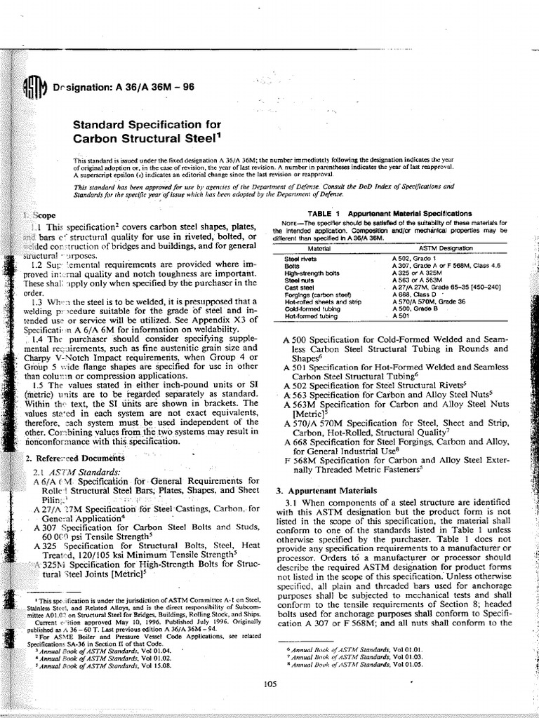 ASTM A36 - 96 Standard Specification For Carbon Structural Steel | PDF