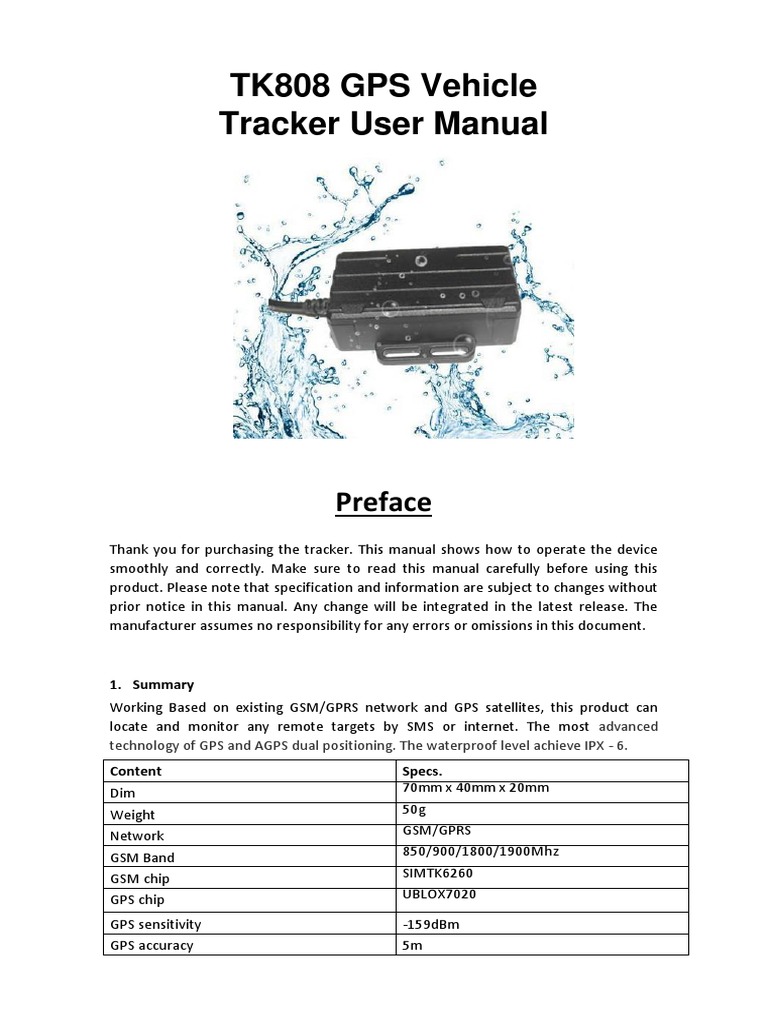 TK808 GPS Manual | PDF | Global Positioning System | Short Message Service