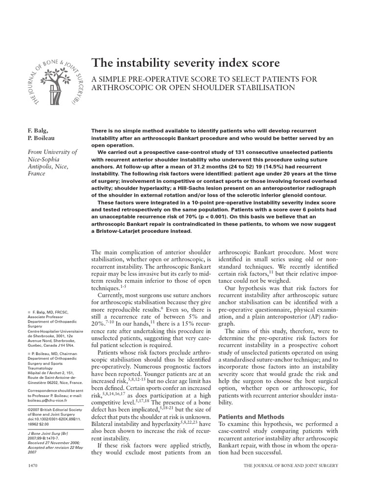 The Instability Severity Index Score | PDF | Surgery | Student's T Test