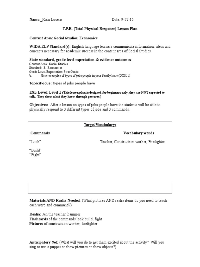 TPR Lesson | PDF | Vocabulary | Lesson Plan