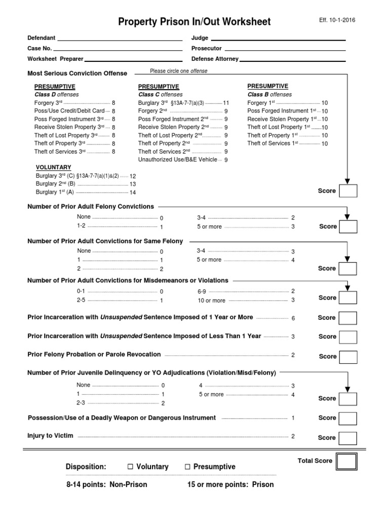 Property Prison In/Out Worksheet: Class D Offenses Class C Offenses ...