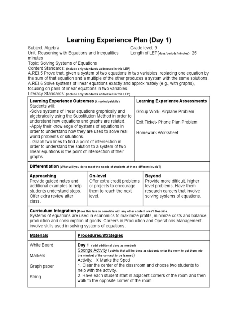 Learning Experience Plan (Day 1) | PDF | Equations | System Of Linear ...