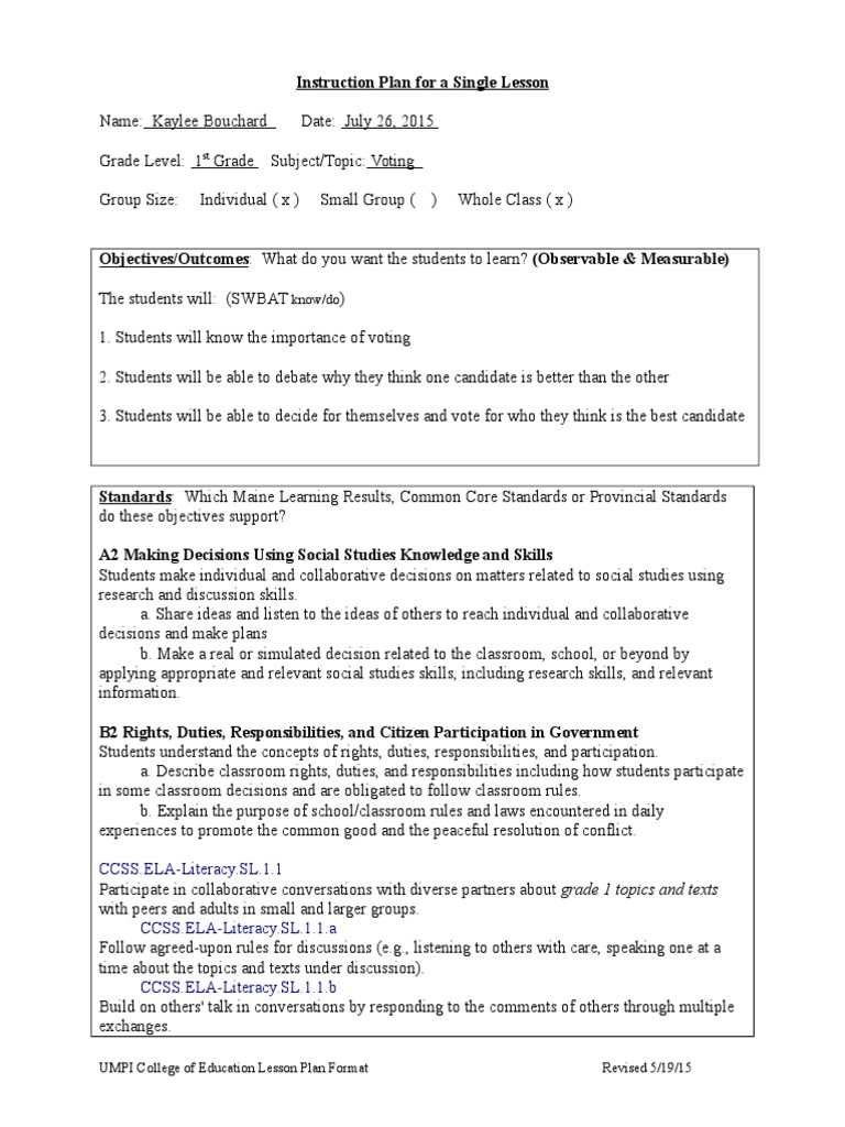 1st Grade Voting Lesson Plan | PDF | Lesson Plan | Educational Psychology