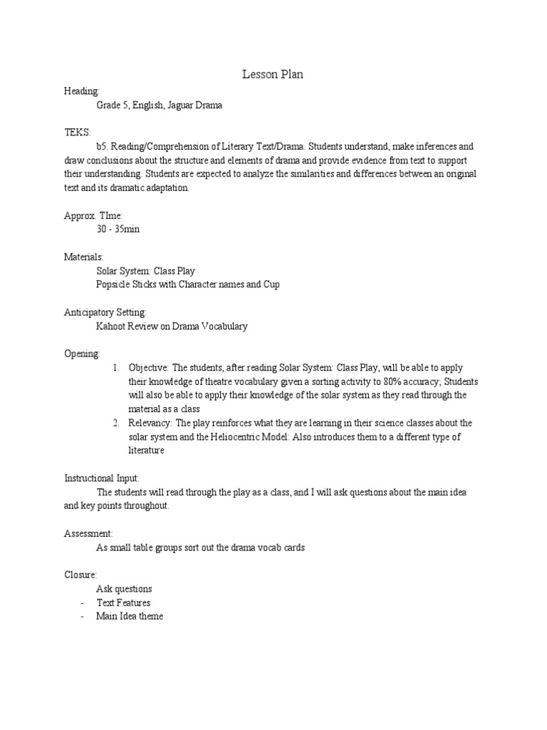 Grade 5 Drama Lesson Plan: Solar System | PDF
