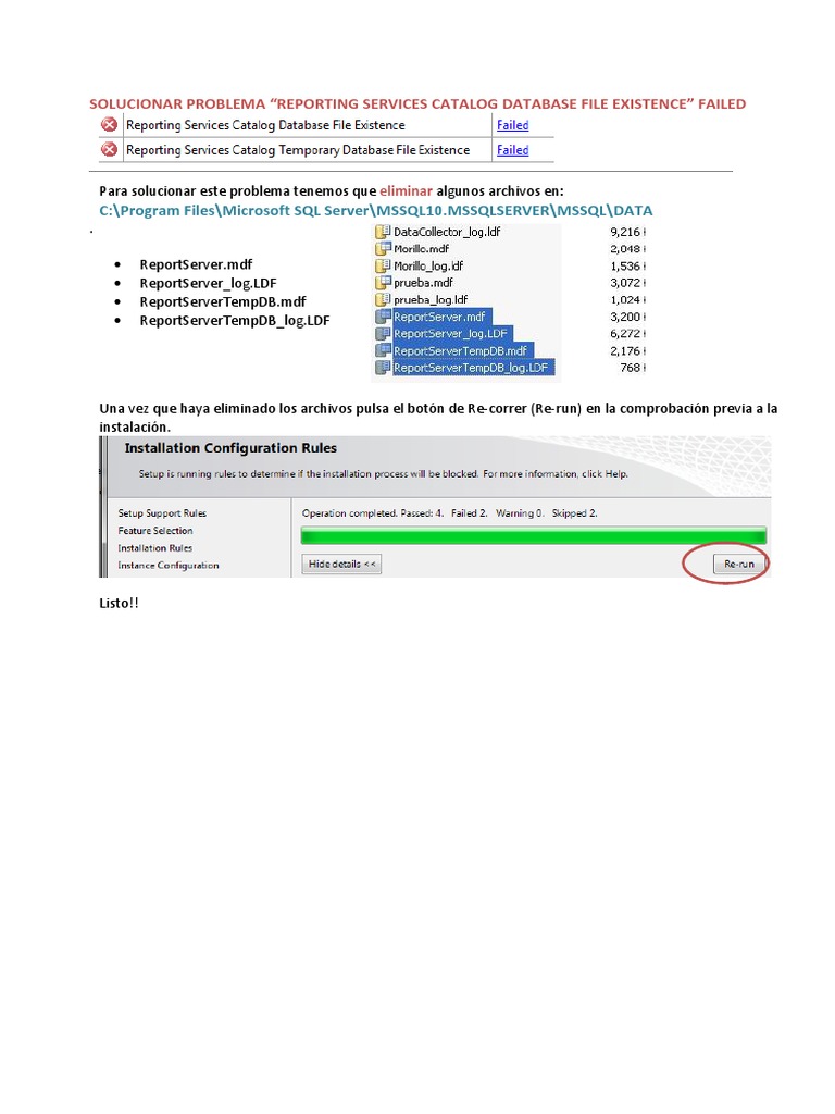 Sqlserver - Solucionar "Reporting Services Catalog Database File Existence" | PDF