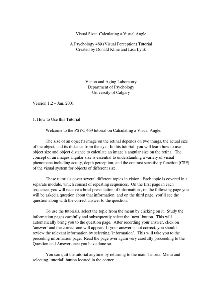 Calculating A Visual Angle | PDF | Visual Acuity | Visual System