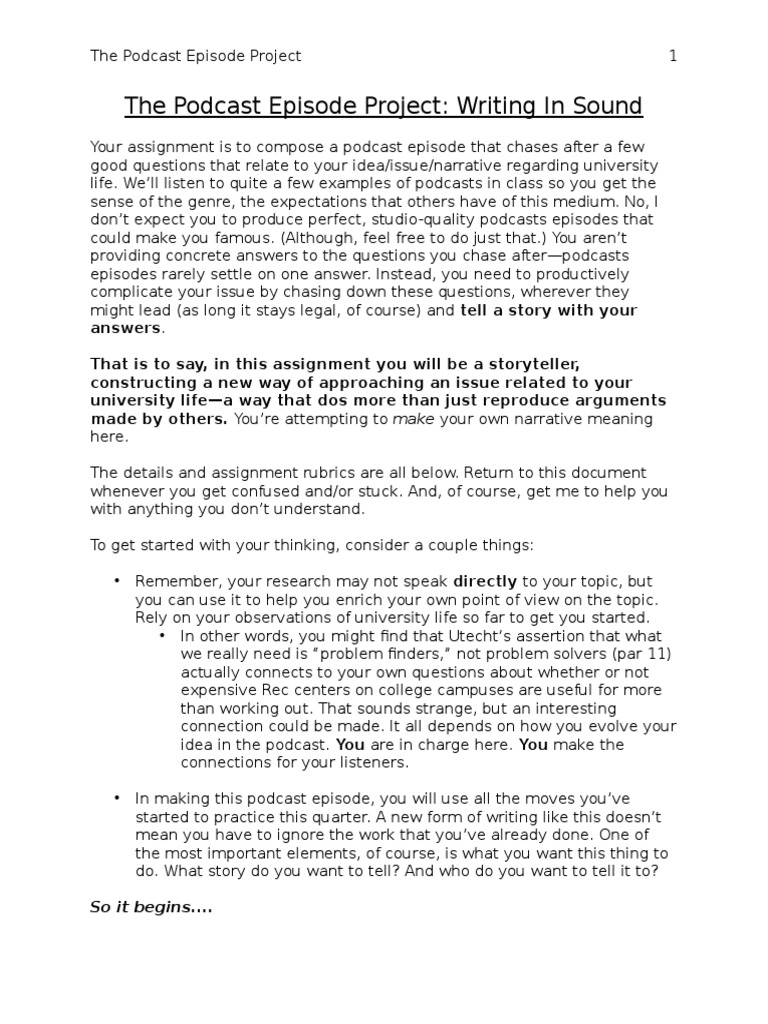 The Podcast Episode Project | PDF | Rubric (Academic) | Narrative