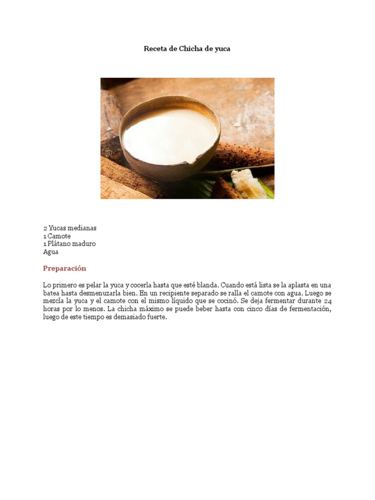 Receta de Chicha de Yuca | PDF | Cocina latinoamericana | Cocina de las ...