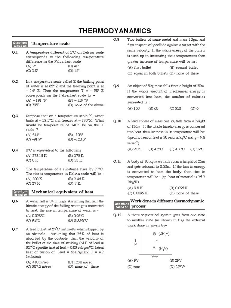 Thermodynamics Practice Questions on Temperature Scales, Thermodynamic ...
