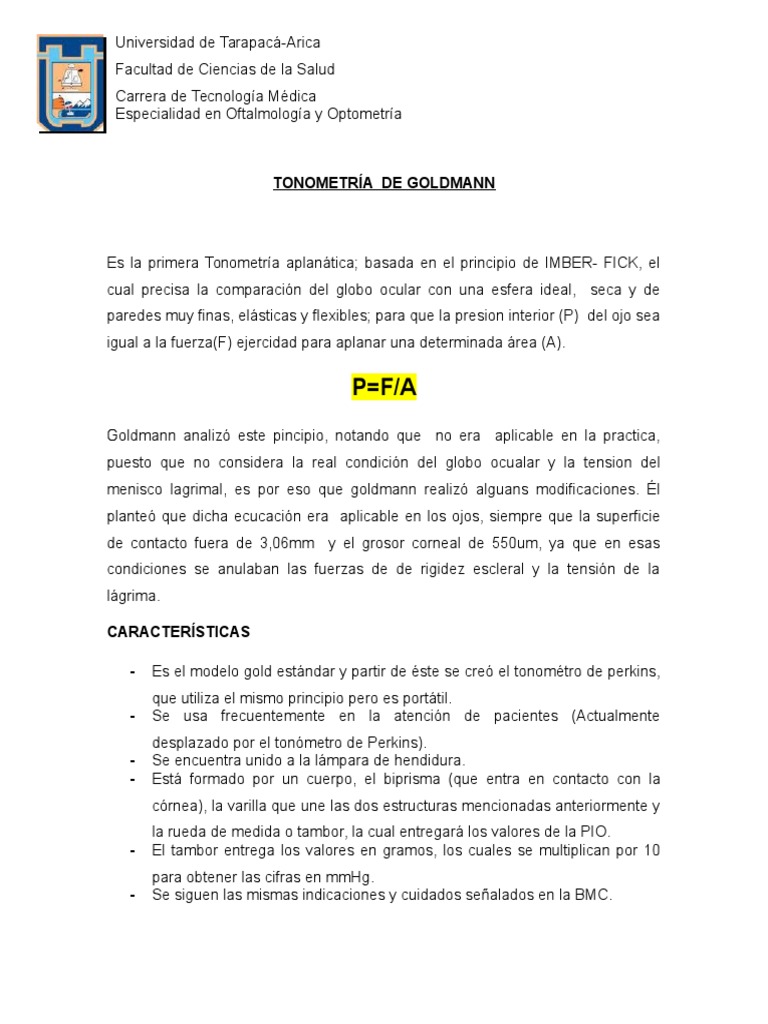Tonometría de Goldmann: Ventajas y Desventajas | PDF