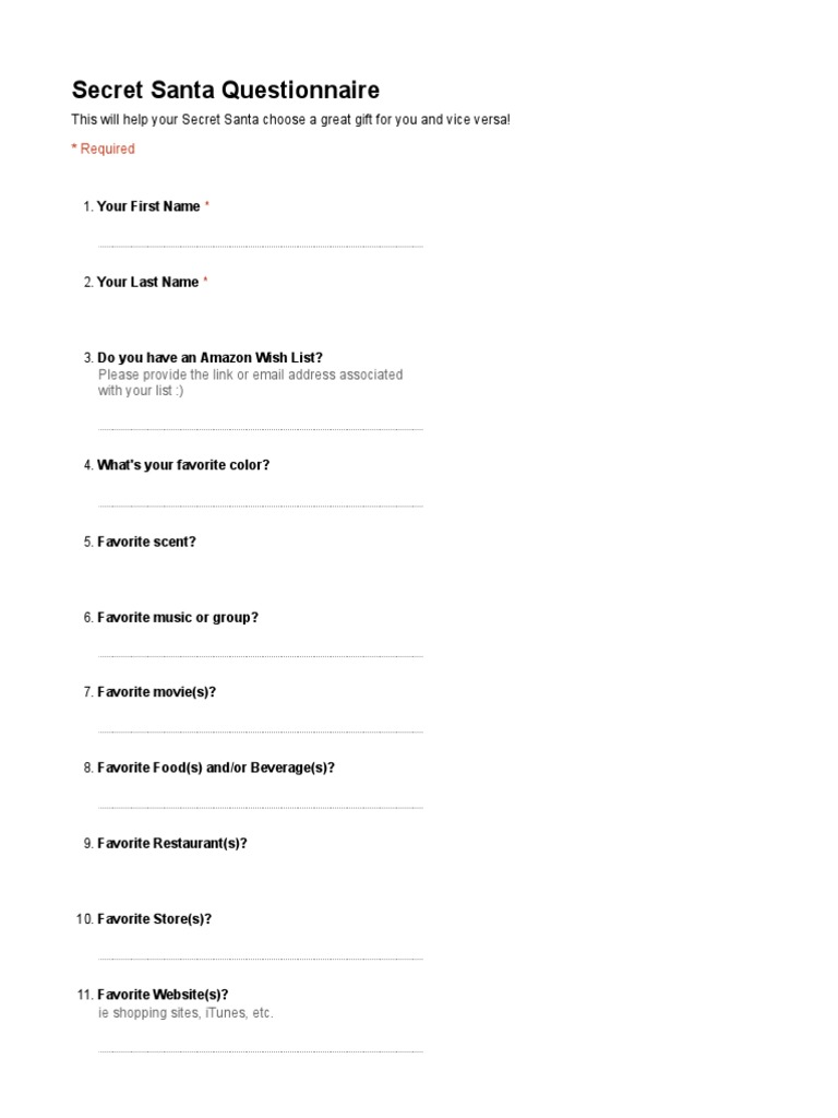 Secret Santa Questionnaire (Form) - Google Forms | PDF