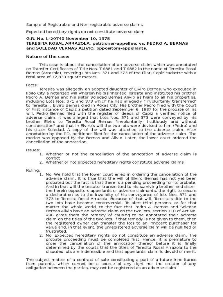 Registrable and Non-Registrable Adverse Claims | PDF | Lawsuit | Deed