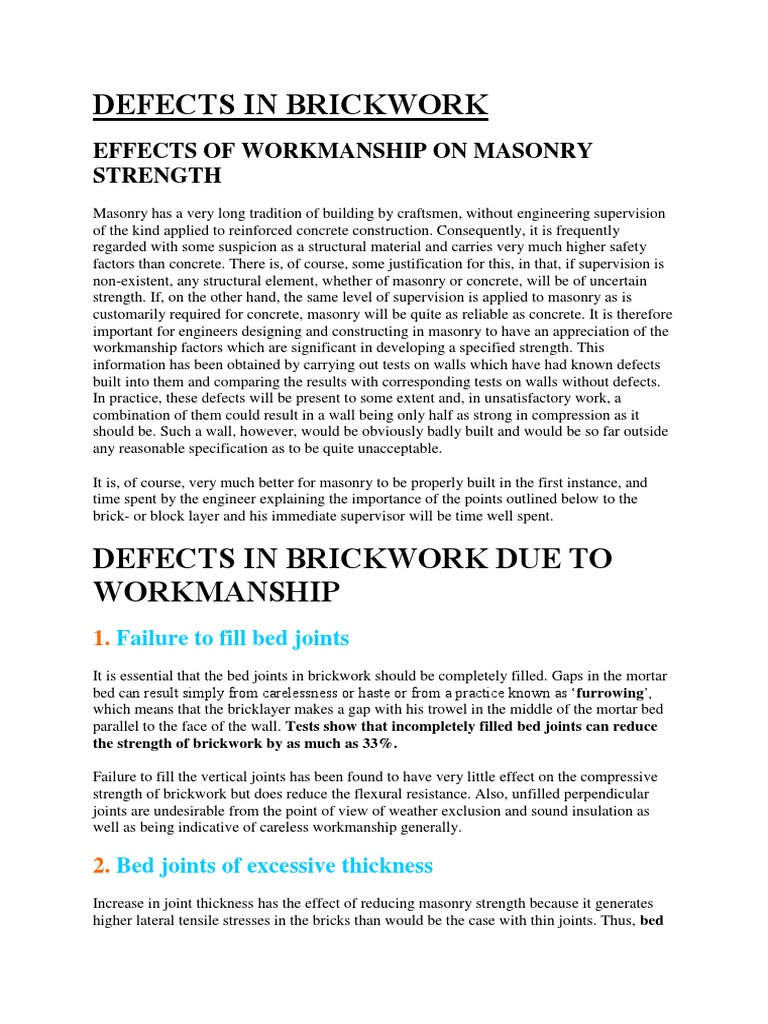 Defects in Brickwork | PDF | Mortar (Masonry) | Brick