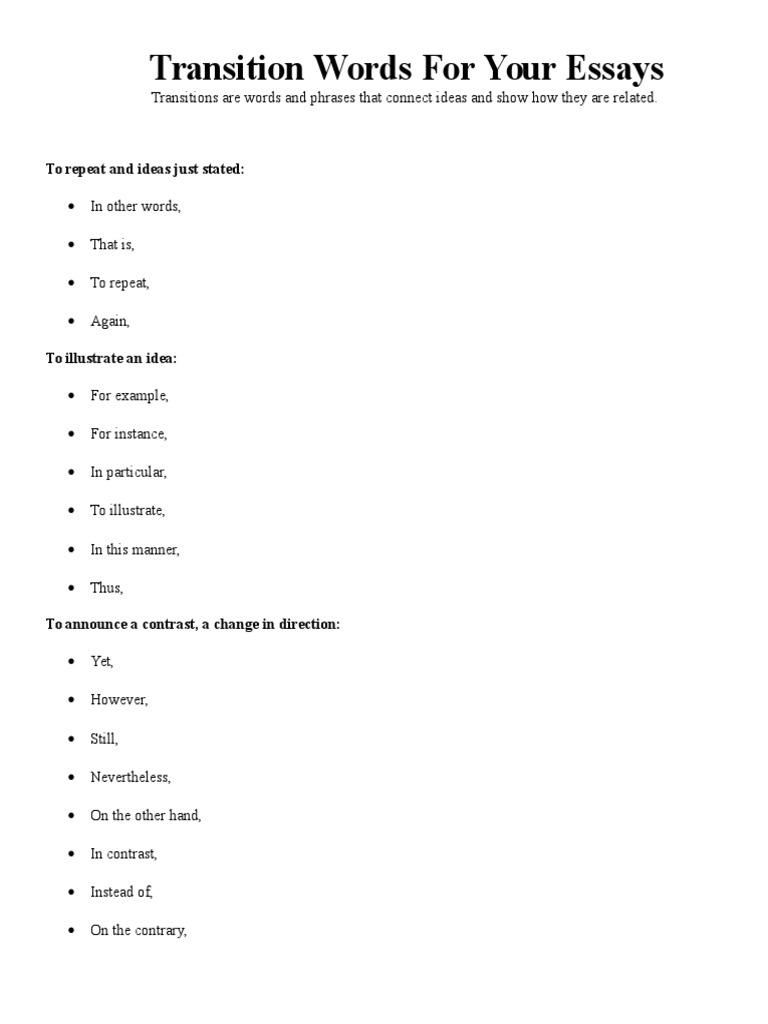 Transition Words For Your Essays | PDF