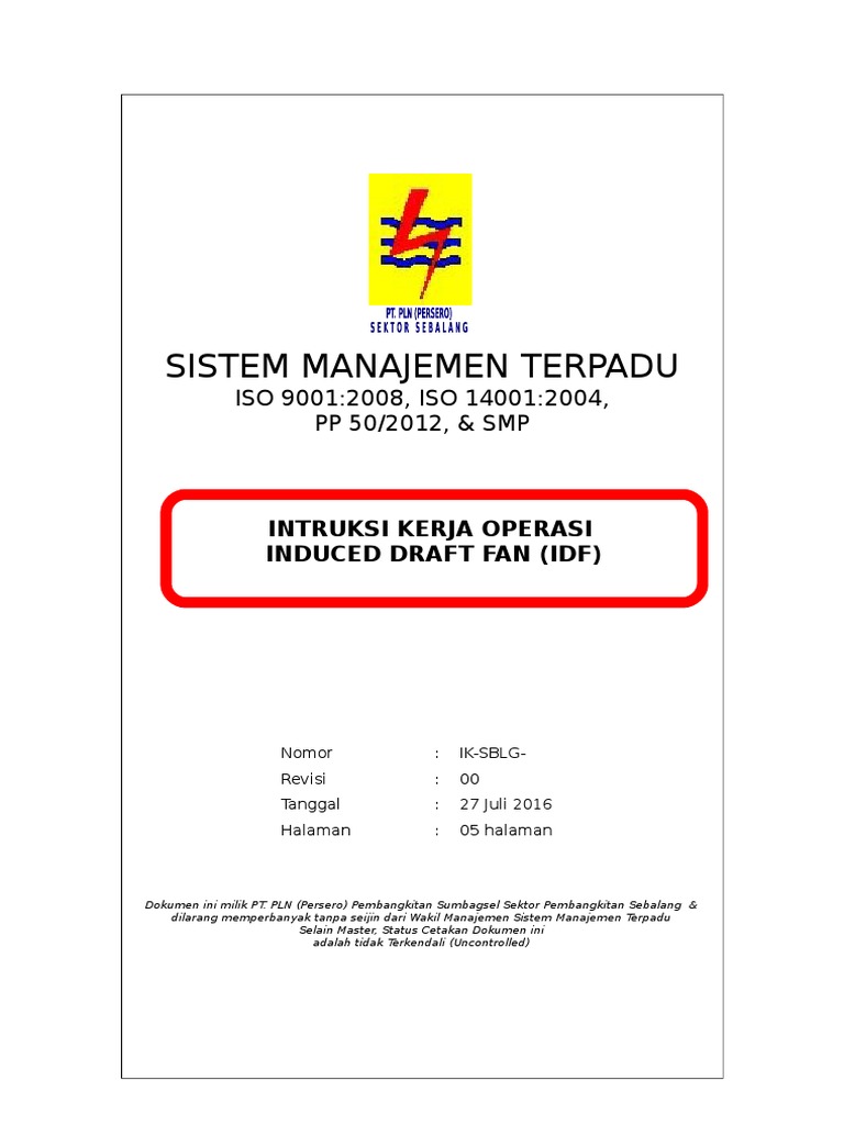 Instruksi Kerja Induced Draft Fan IDF | PDF