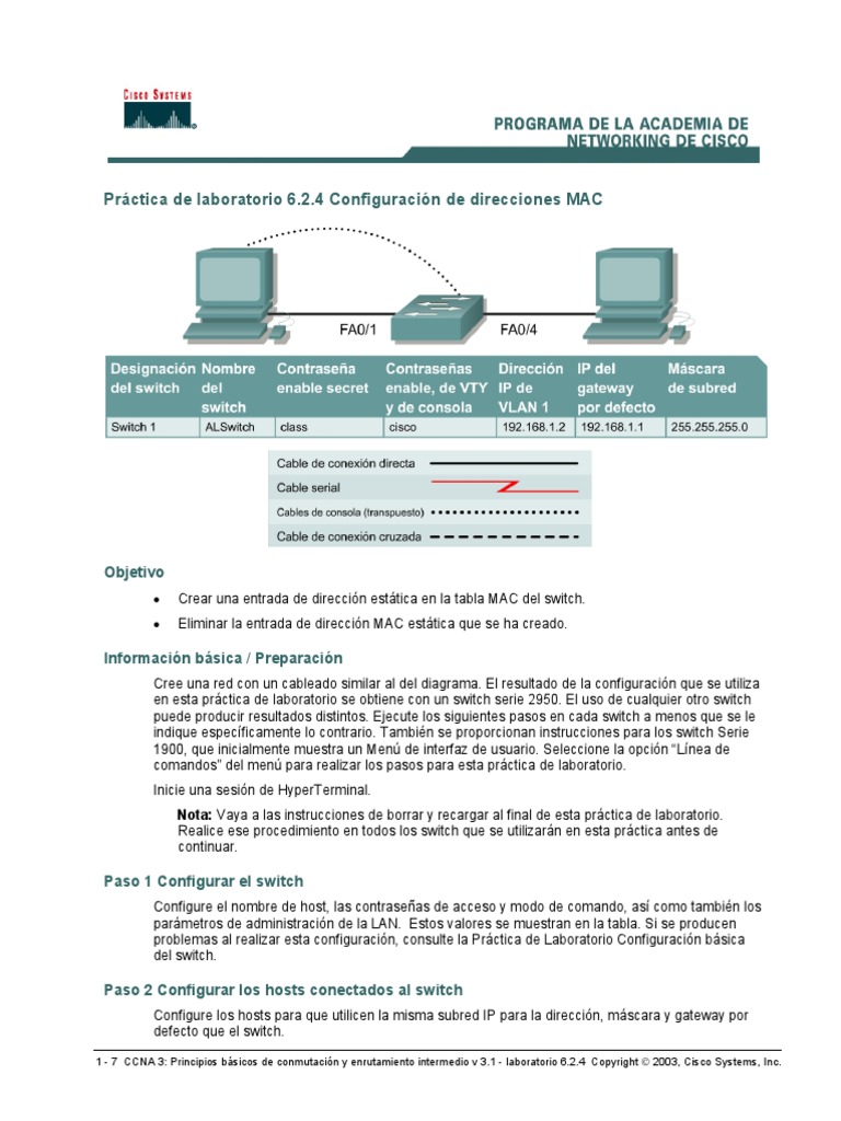 CCNA3 Lab 6 2 4 Es | PDF | Conmutador de red | Dirección IP