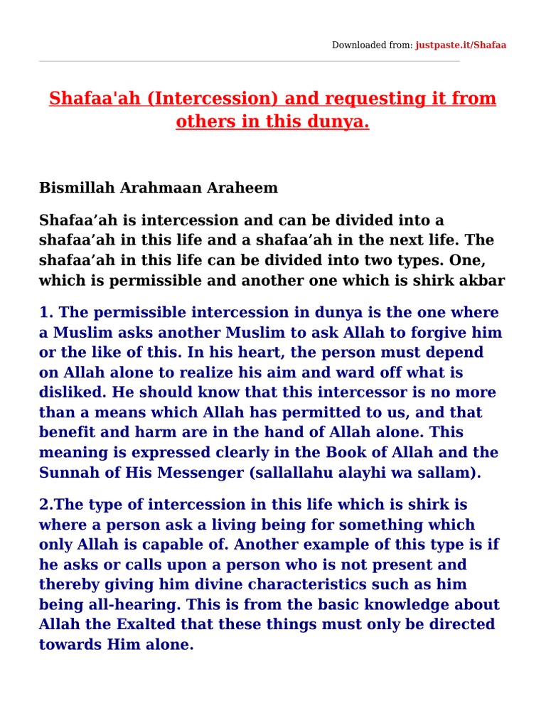 Shafaa'ah (Intercession) and Requesting It From Others in This Dunya ...