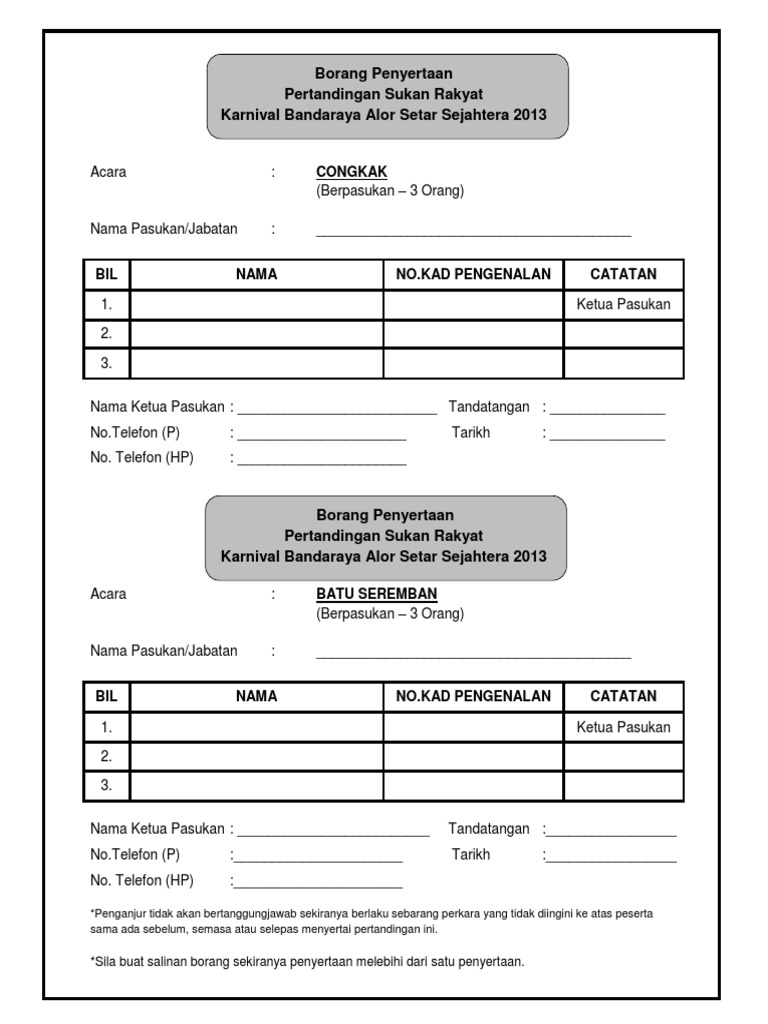 Registration Forms For The Alor Setar Sejahtera 2013 City Festival
