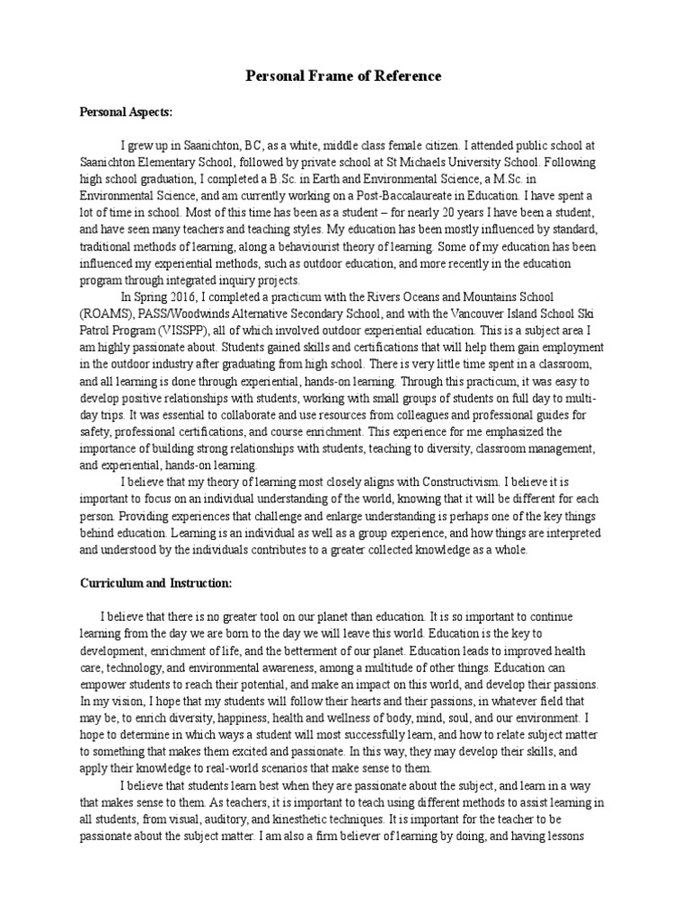 Personal Frame of Reference | PDF | Educational Assessment | Teachers