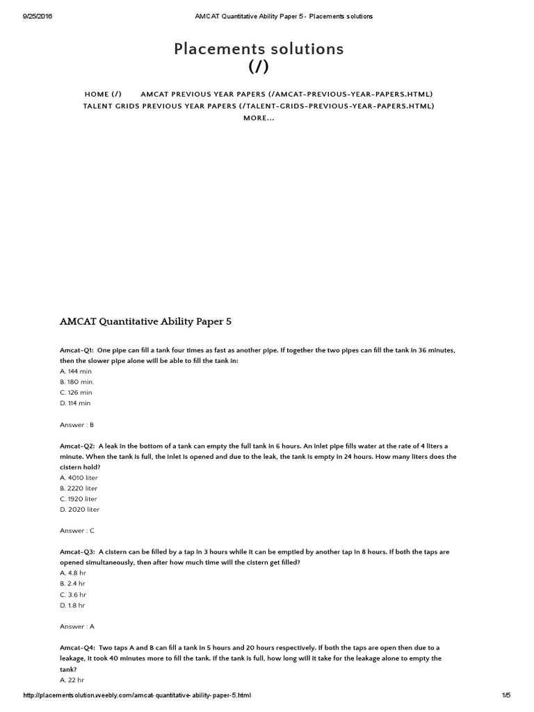 AMCAT Quantitative Ability Paper 5 - Placements Solutions | PDF