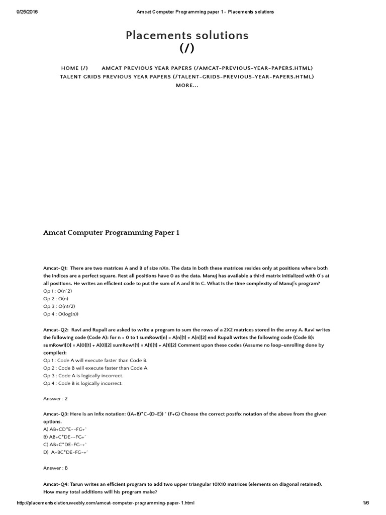Amcat Computer Programming Paper 1 - Placements Solutions | PDF | Control Flow | Matrix ...