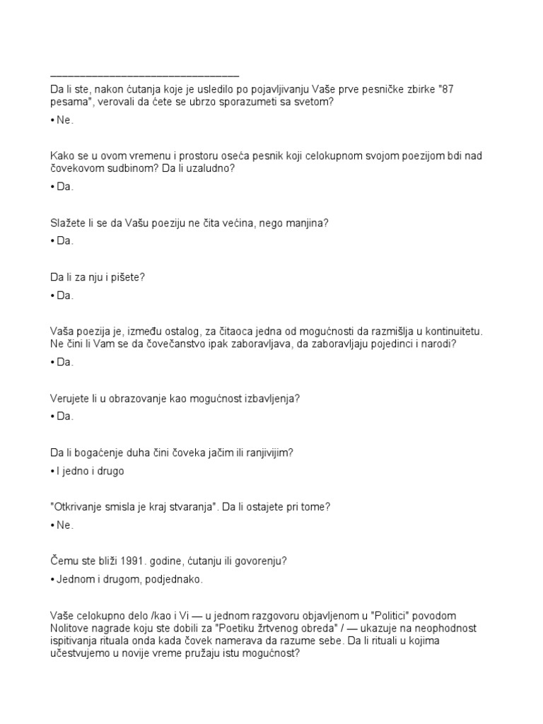 Miodrag Pavlovic Intervju 1991. | PDF