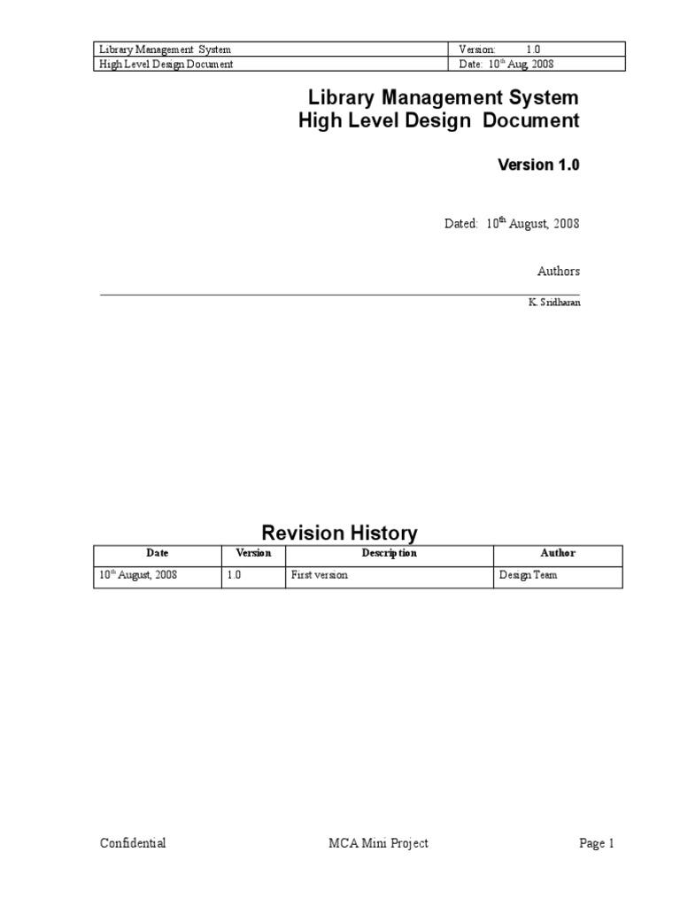 Library Management System High Level Design Document: Dated: 10 August ...
