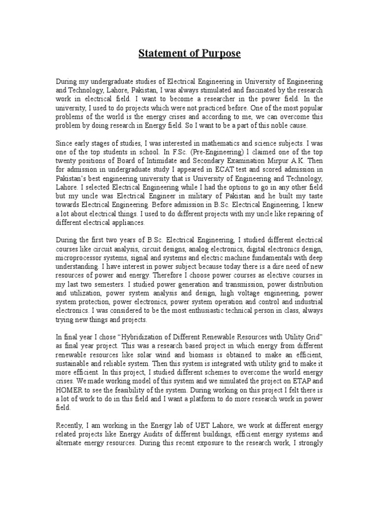 Statement of Purpose | PDF | Electric Power System | Electrical Engineering