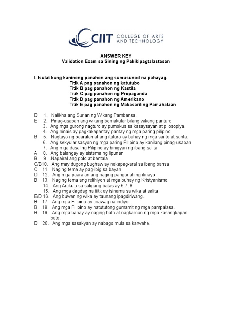 ANSWER KEY - VALIDATION EXAM - Sining NG Pakikipagtalastasan | PDF