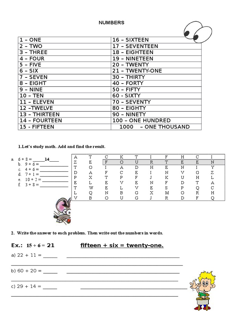 Numbers: Ex.: 15 + 6 21 Fifteen + Six Twenty-One | PDF