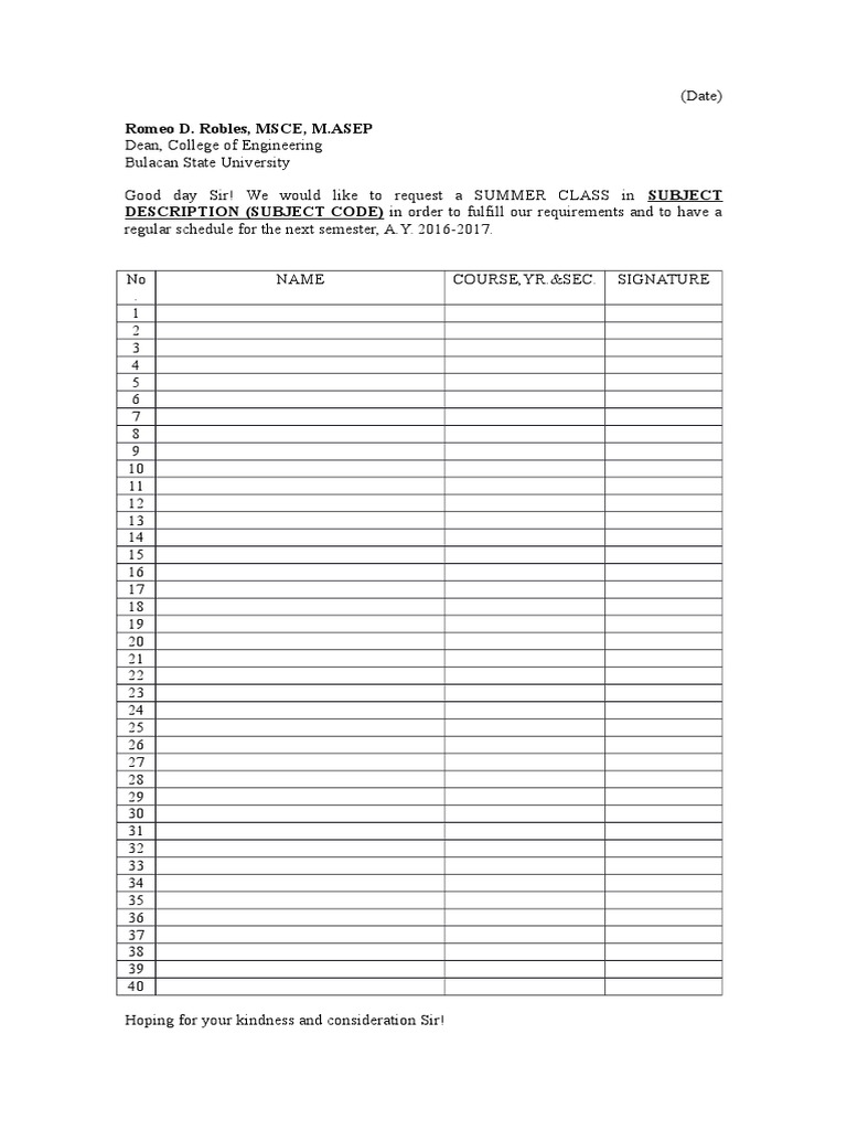 Request Letter Format Summer Class | PDF