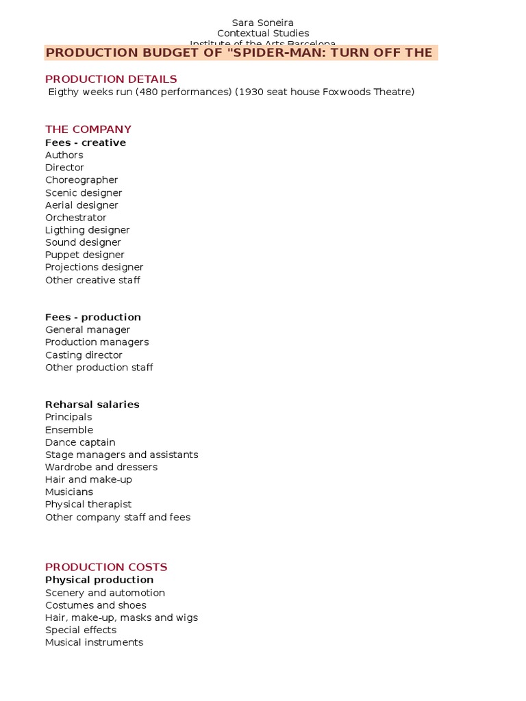 Production Budget Spider-Man | PDF